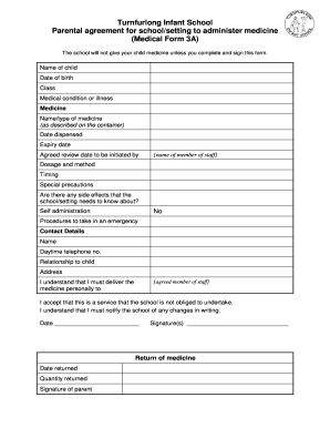 Fillable Online Med Form 3A Parental Agreement to administer medicine ...