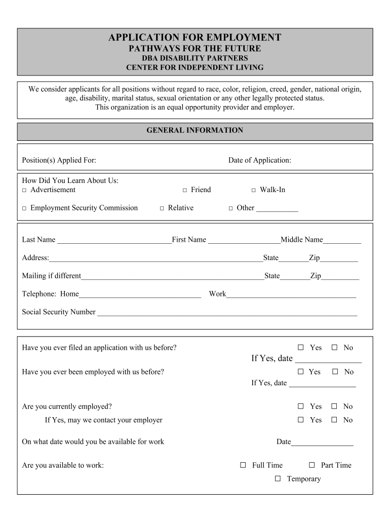 Fillable Online APPLICATION FOR EMPLOYMENT CIL - DisAbility Partners ...