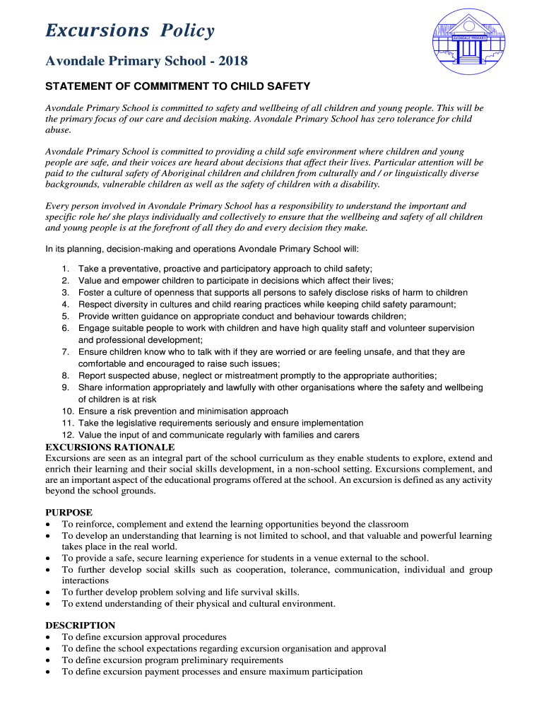Fillable Online Excursions Policy - avondaleps.vic.edu.au Fax Email ...