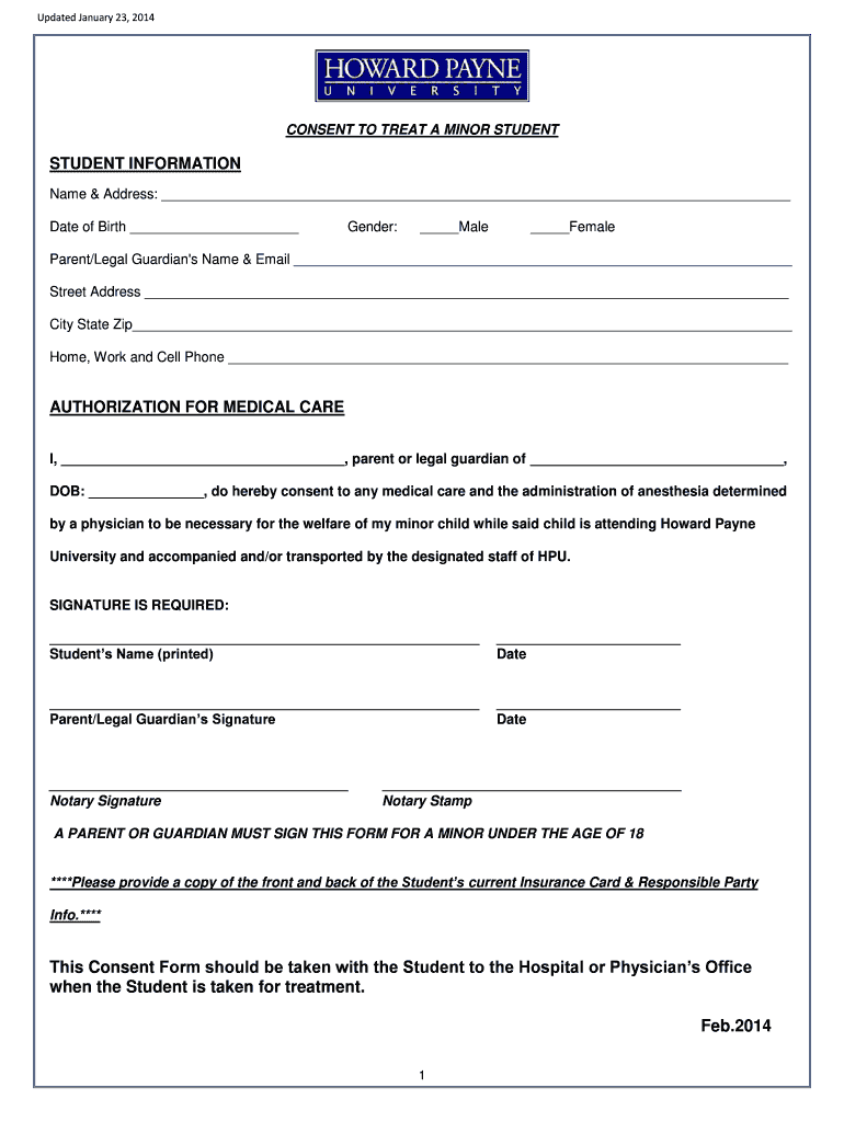 Fillable Online Consent to Treat Minor Form for Students Under 18 (PDF) Fax Email Print - pdfFiller
