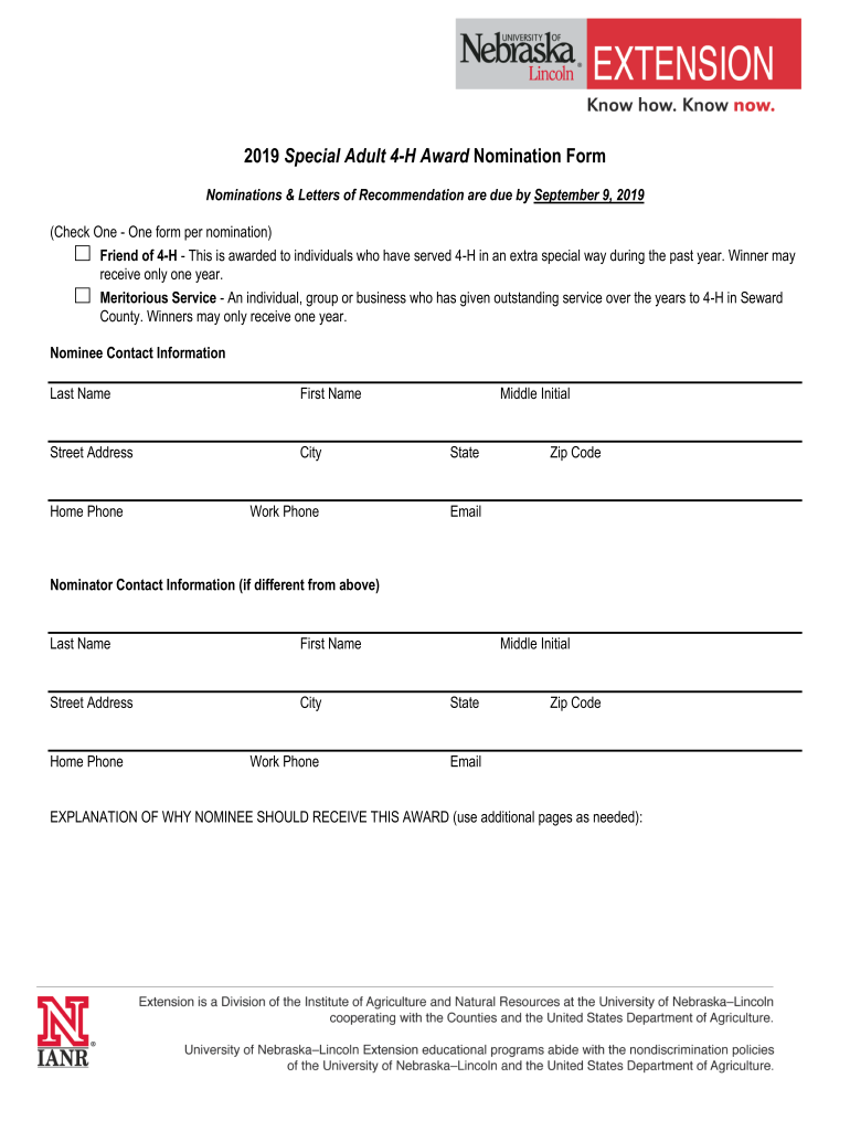 Fillable Online 2019 Special Adult 4-H Award Nomination Form Fax Email ...
