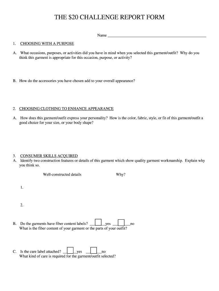 Fillable Online THE $20 CHALLENGE REPORT FORM Fax Email Print - pdfFiller