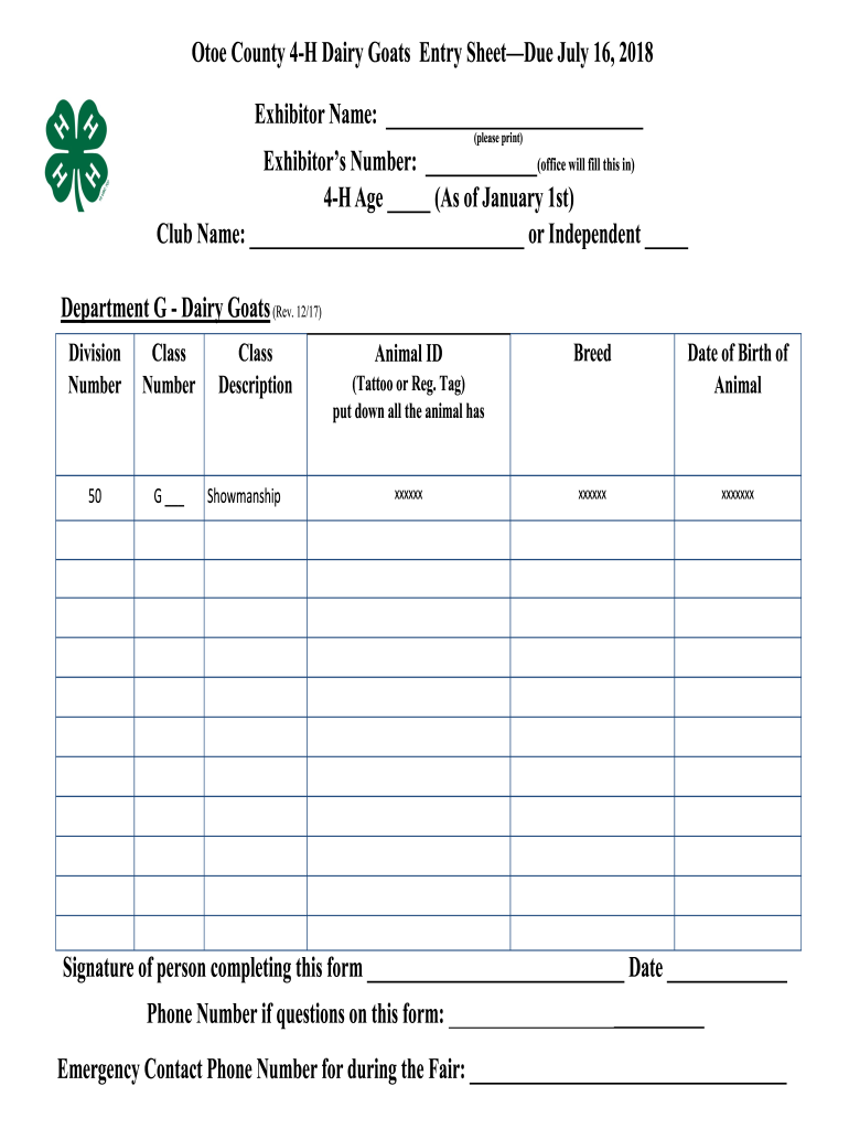Fillable Online Otoe County 4 H Dairy Goats Entry SheetDue July 16 ...