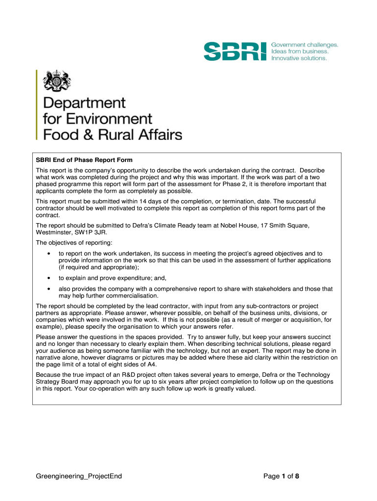 Fillable Online SBRI End of Phase Report Form - Defra, UK Fax Email ...