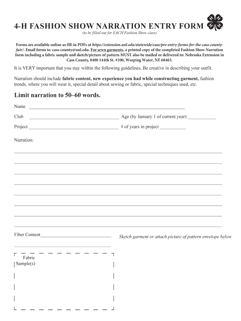 Fillable Online 4-H FASHION SHOW NARRATION ENTRY FORM Fax Email Print ...