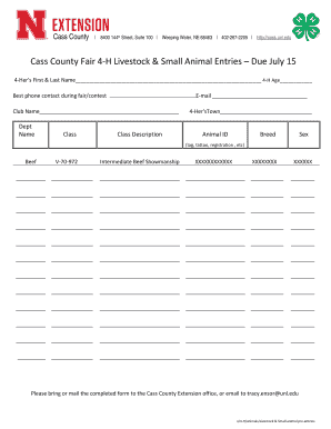 Fillable Online Cass County Fair 4-H Livestock & Small Animal Entries ...