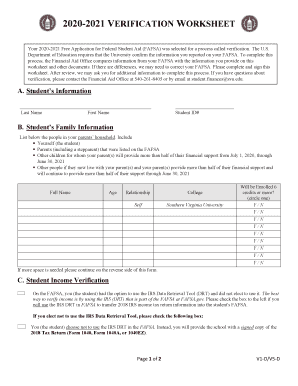 Fillable Online 2020-2021 Verification Worksheet (A8) Fax Email Print - pdfFiller