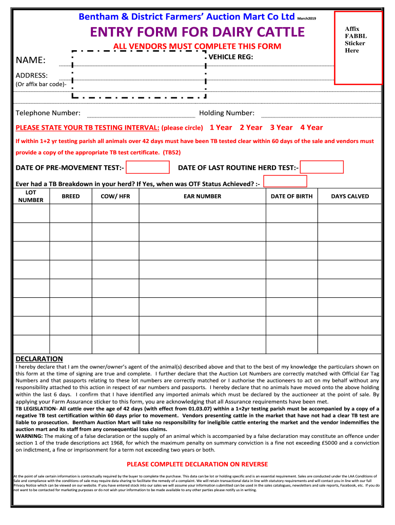 Fillable Online dairy cattle entry form - Bentham Auction Mart Fax ...