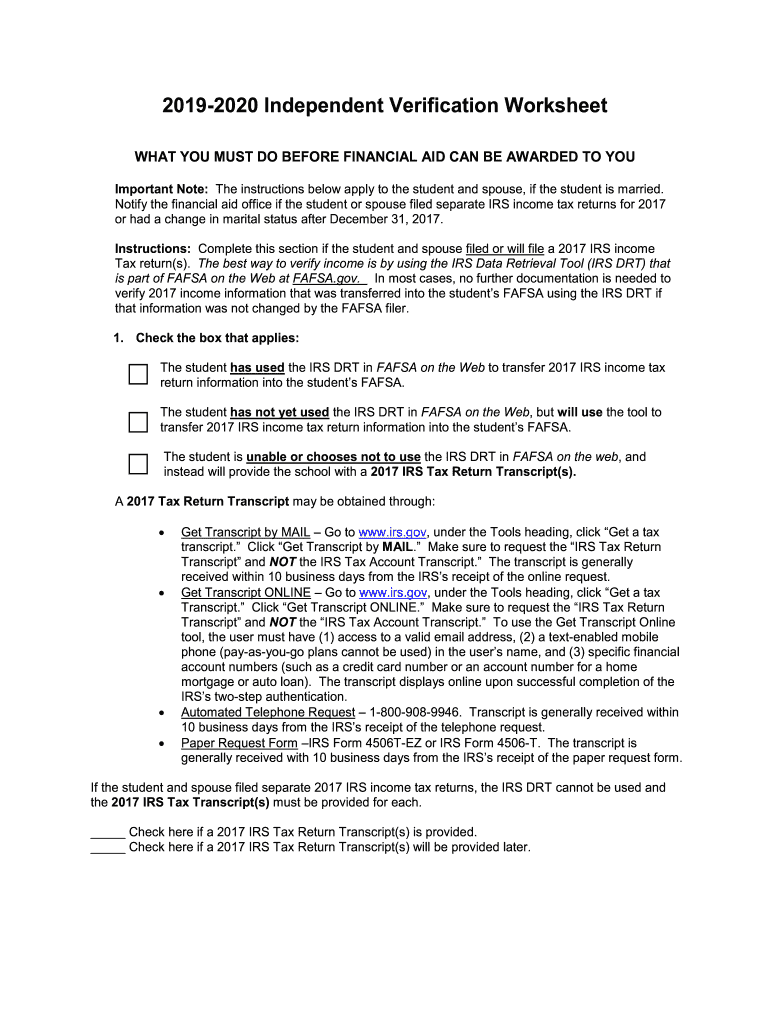 Fillable Online 2019 - 2020 Independent Verification Worksheet - Southwest ... Fax Email Print ...