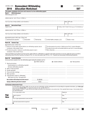 Fillable Online 2016 Form 587 -- Nonresident Withholding Allocation ...
