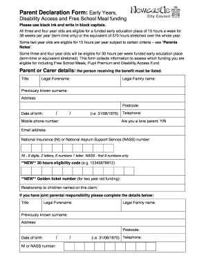 Fillable Online Parent declaration form: Early Years - Newcastle City ...