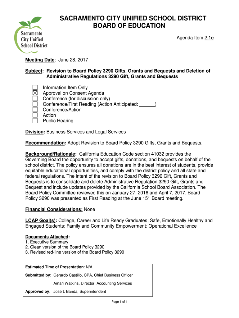 Fillable Online Subject: Revision to Board Policy 3290 Gifts, Grants ... Fillable Online Subject: Revision to Board Policy 3290 Gifts, Grants ...