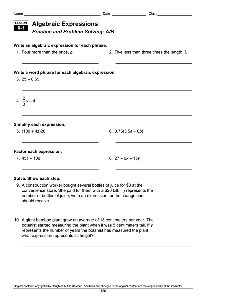 Fillable Online Write an algebraic expression for each phrase Fax Email ...