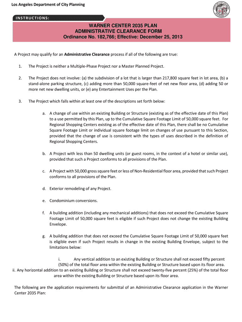 Fillable Online WARNER CENTER 2035 PLAN ADMINISTRATIVE CLEARANCE FORM ...