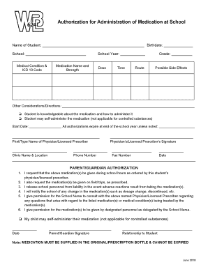 Fillable Online Authorization for Administration of Medication at ...