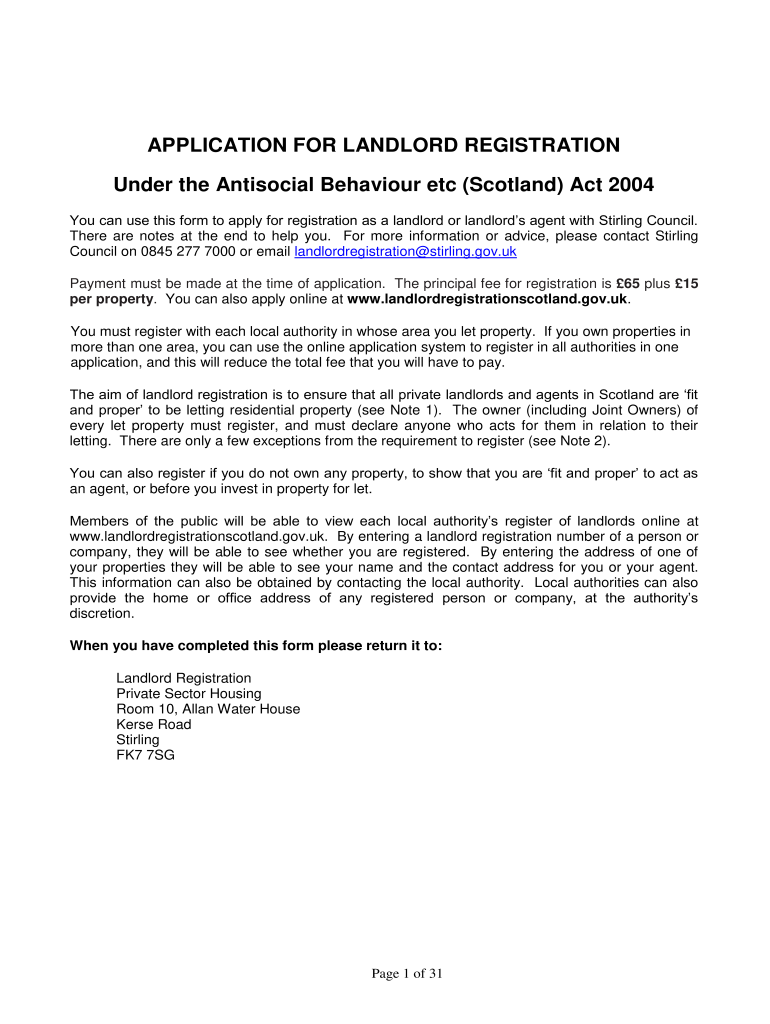 Fillable Online APPLICATION FOR LANDLORD REGISTRATION Under the Antisocial ... Fax Email Print ...