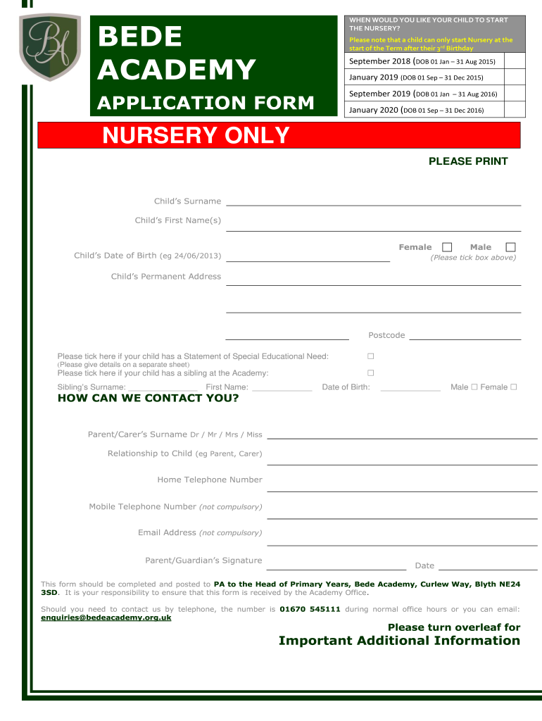 Fillable Online bede academy application form nursery only Fax Email Print - pdfFiller