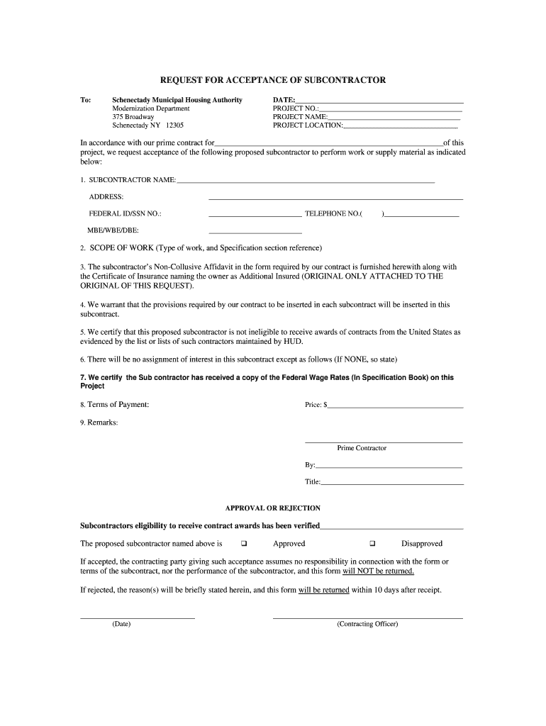 Fillable Online Request for acceptance of subcontractor - Schenectady ...
