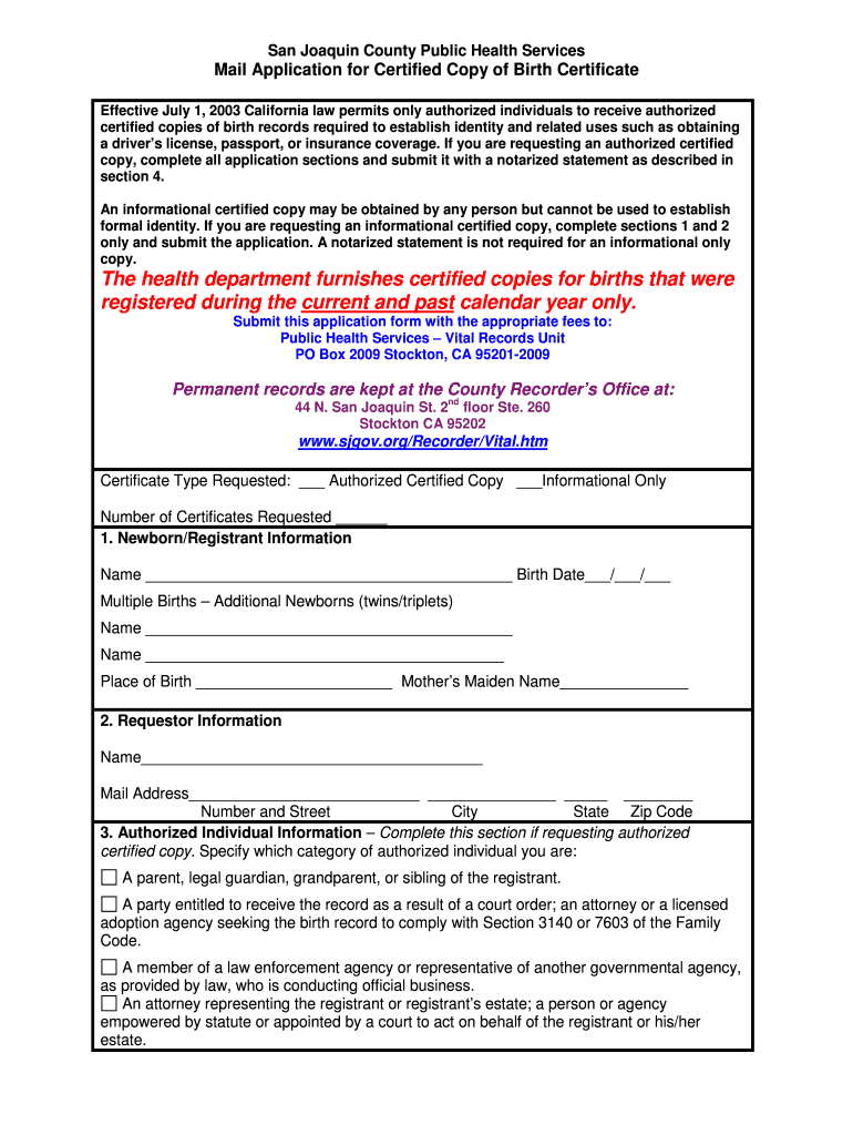 Fillable Online sjcphs Birth certificate application form -July 2003 (2 ...