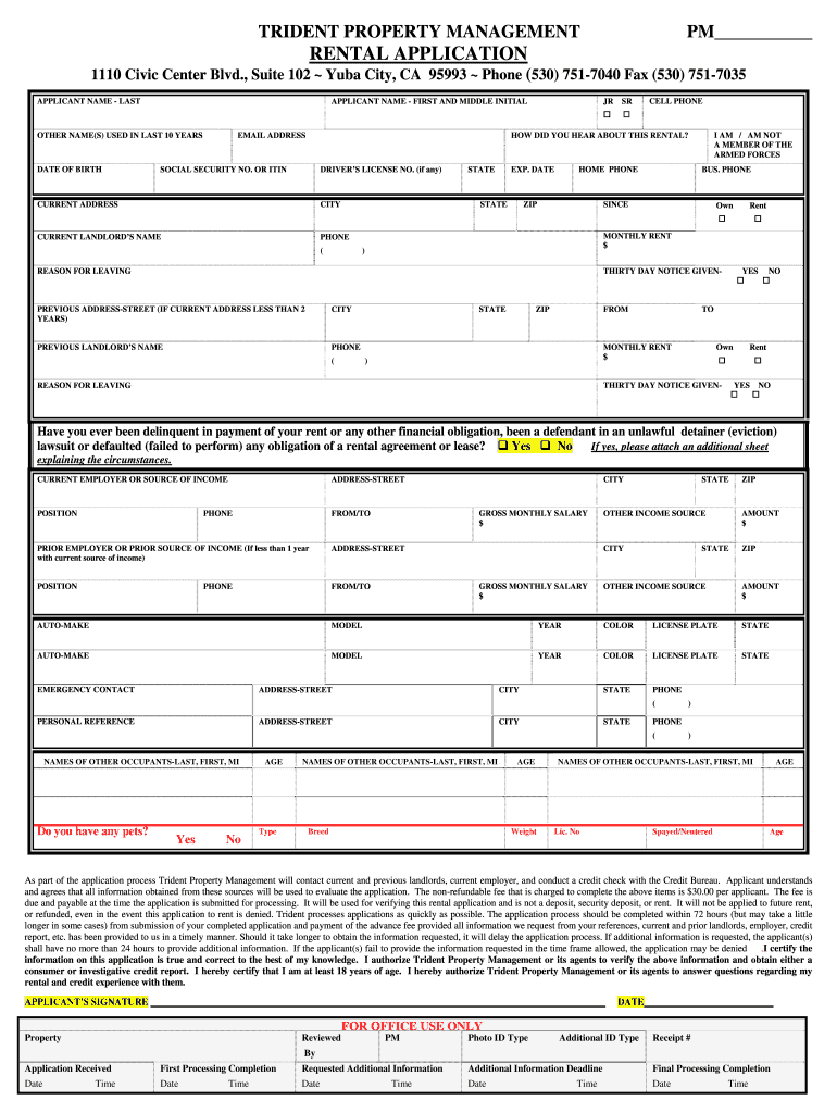 Fillable Online tridentmanagement rental application form Fax Email ...