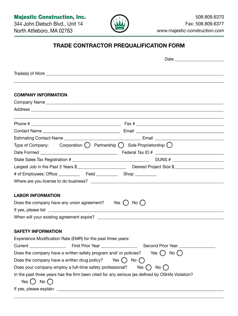 Fillable Online Trade Contractor Prequalification for Majestic Construction, Inc. Fax Email ...