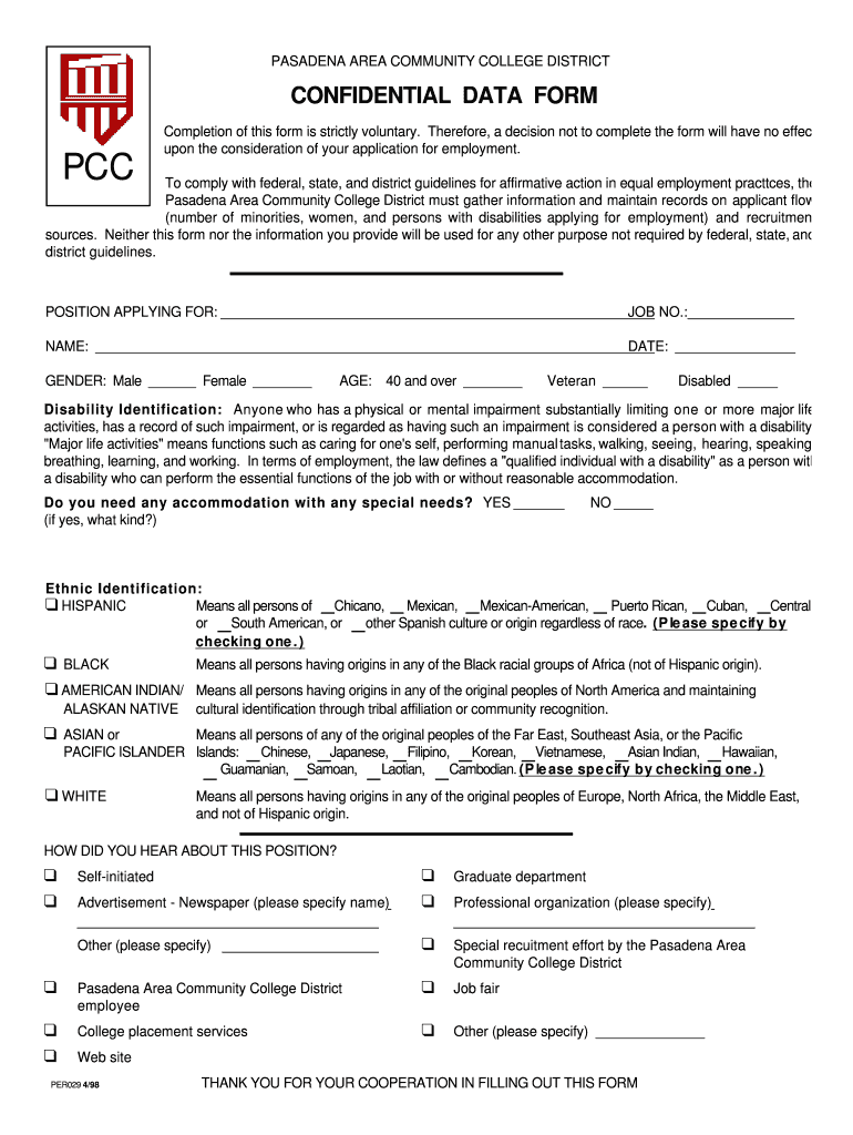 Fillable Online pasadena Confidential Data Form - Pasadena City College ...