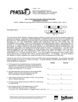 Fillable Online pheaa 2011-12 UNTAXED INCOME VERIFICATION FORM ...