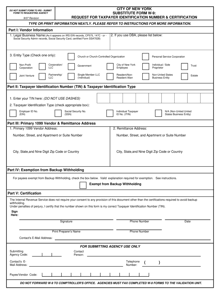 City Of New York Substitute Form W 9 Revision 907 2007 Fill Out Sign