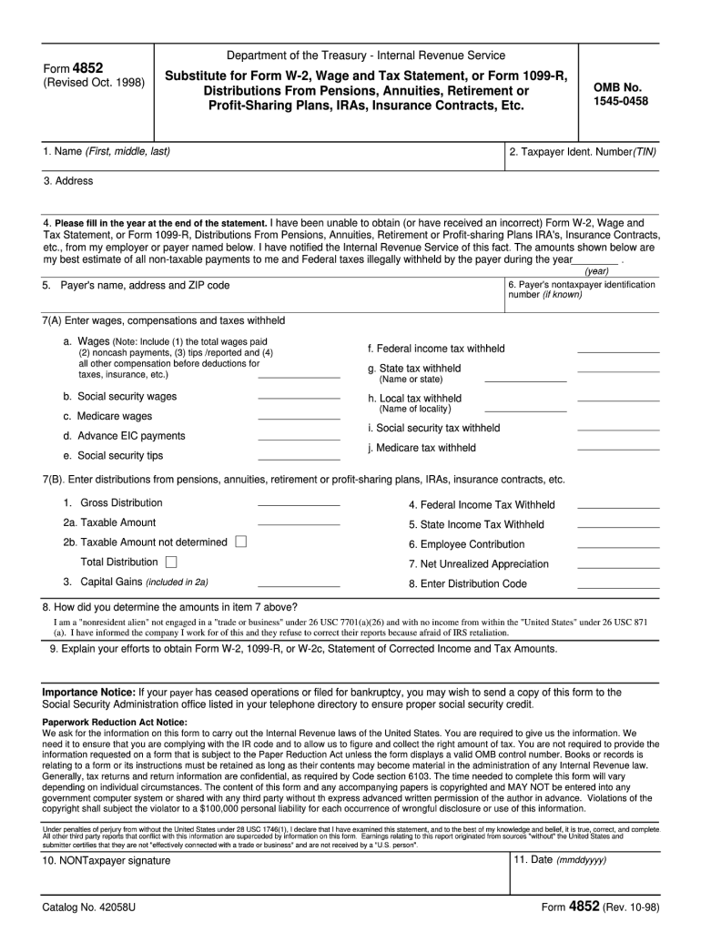 1998 Form IRS 4852 Fill Online Printable Fillable Blank PdfFiller 1998 Form IRS 4852 Fill Online Printable Fillable Blank PdfFiller