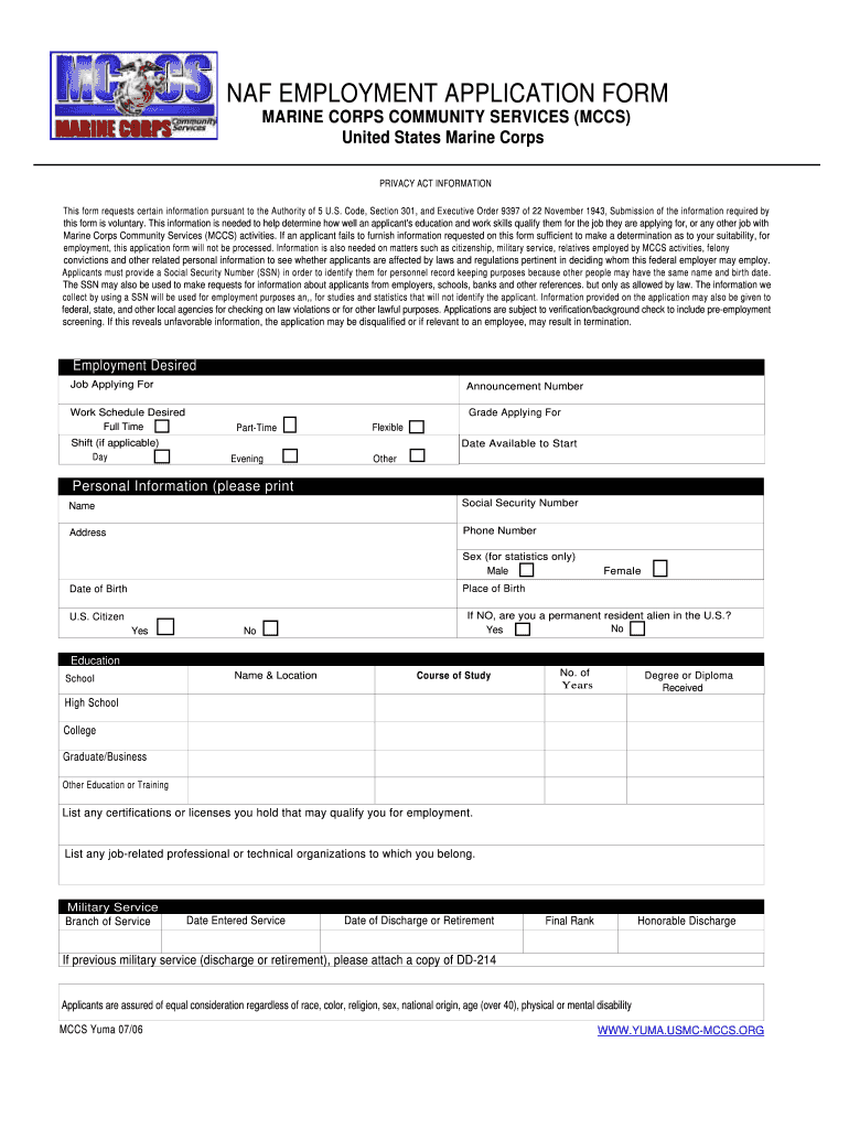 Fillable Online mccsyuma images of naf apllication form Fax Email Print ...
