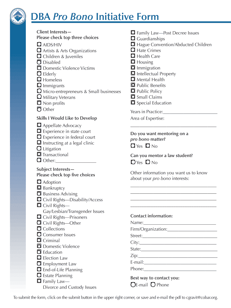 Fillable Online DBA Pro Bono Initiative Fax Email Print - pdfFiller