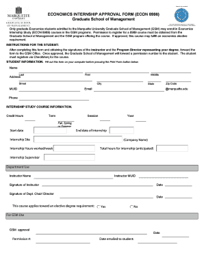 Fillable Online business marquette ECONOMICS INTERNSHIP APPROVAL FORM (ECON 6986 ... - business ...