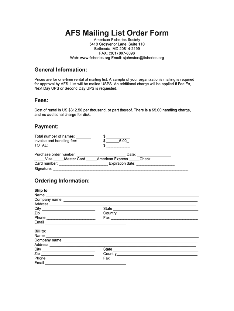 Fillable Online fisheries AFS Mailing List Order Form - American Fisheries Society - fisheries ...