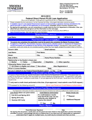 Fillable Online mtsu 2012-2013 Federal Direct Parent PLUS Loan Application - mtsu Fax Email ...