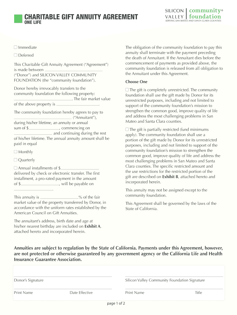 Fillable Online CHARITABLE GIFT ANNUITY AGREEMENT Fax Email Print ...