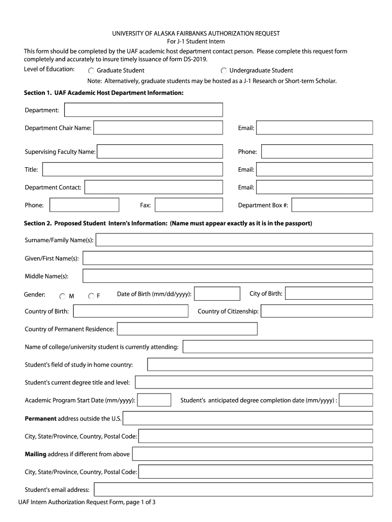 Fillable Online uaf J-1 Student Intern Authorization Request - University of Alaska ... - uaf ...