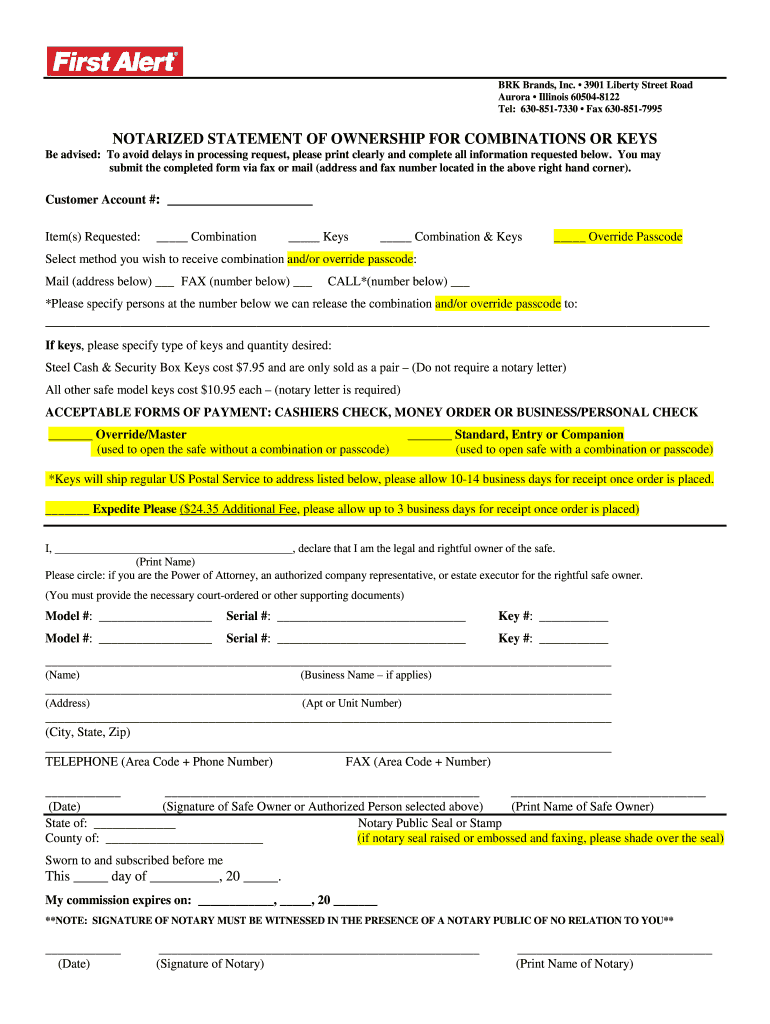 First Alert Notarized Statement Of Ownership For Combination Keys 