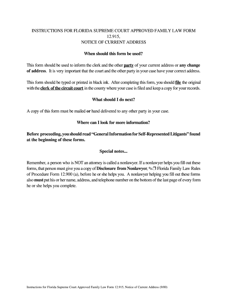 Florida Notice of Current Address Form 12.915 - Blank Fillable Template ...