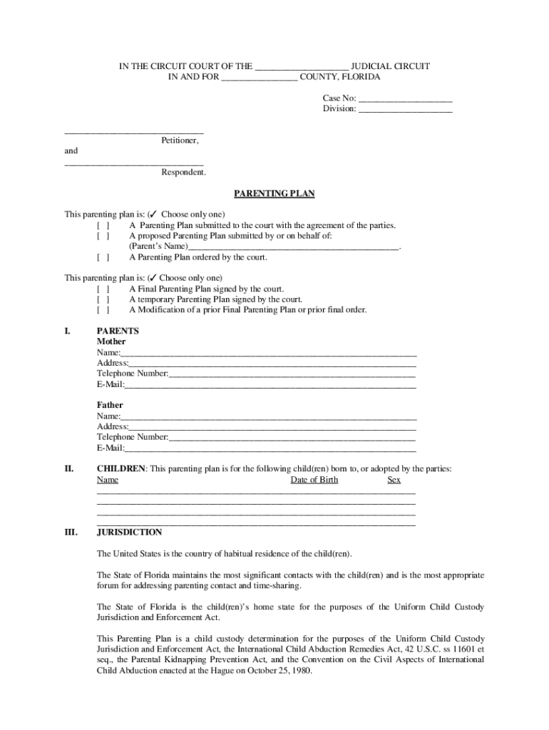 Parenting Plan Template Fill Online Printable Fillable Blank 