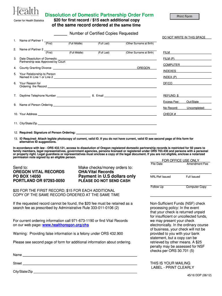 Fillable Online Dissolution of Domestic Partnership Order Form Fax Email Print - pdfFiller