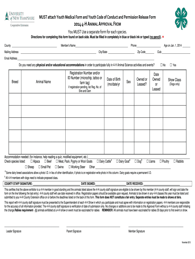 UNH 4-H Animal Approval Form - Fill Online, Printable, Fillable, Blank ...