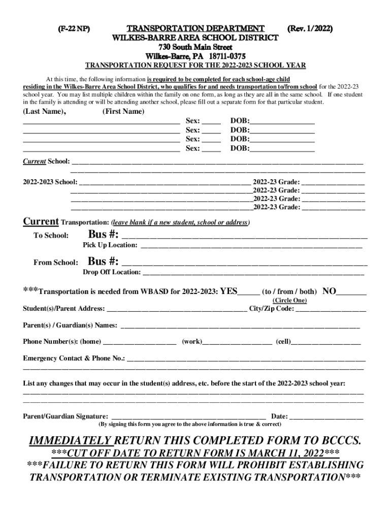 Fillable Online Transportation Request for the 2022-2023 School Year ...
