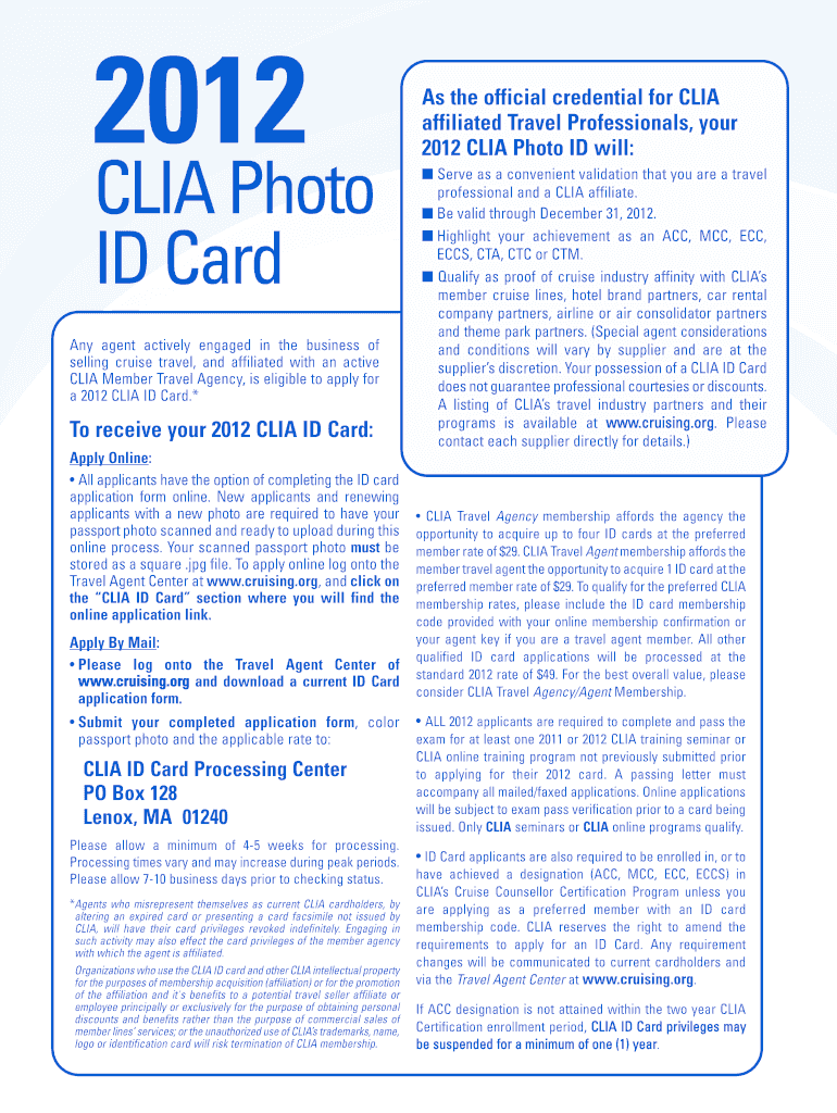 Fillable Online 2012 CLIA Photo ID Card Fax Email Print - pdfFiller