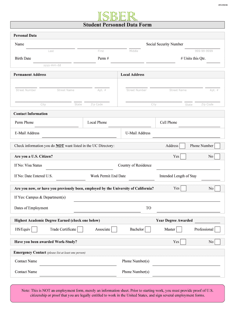 Fillable Online Student Personnel Data Form Fax Email Print - pdfFiller
