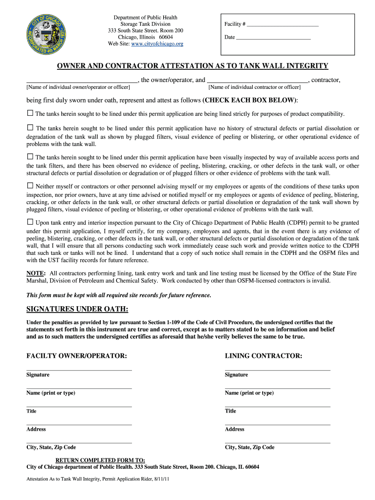 Fillable Online OWNER AND CONTRACTOR ATTESTATION AS TO TANK WALL ...