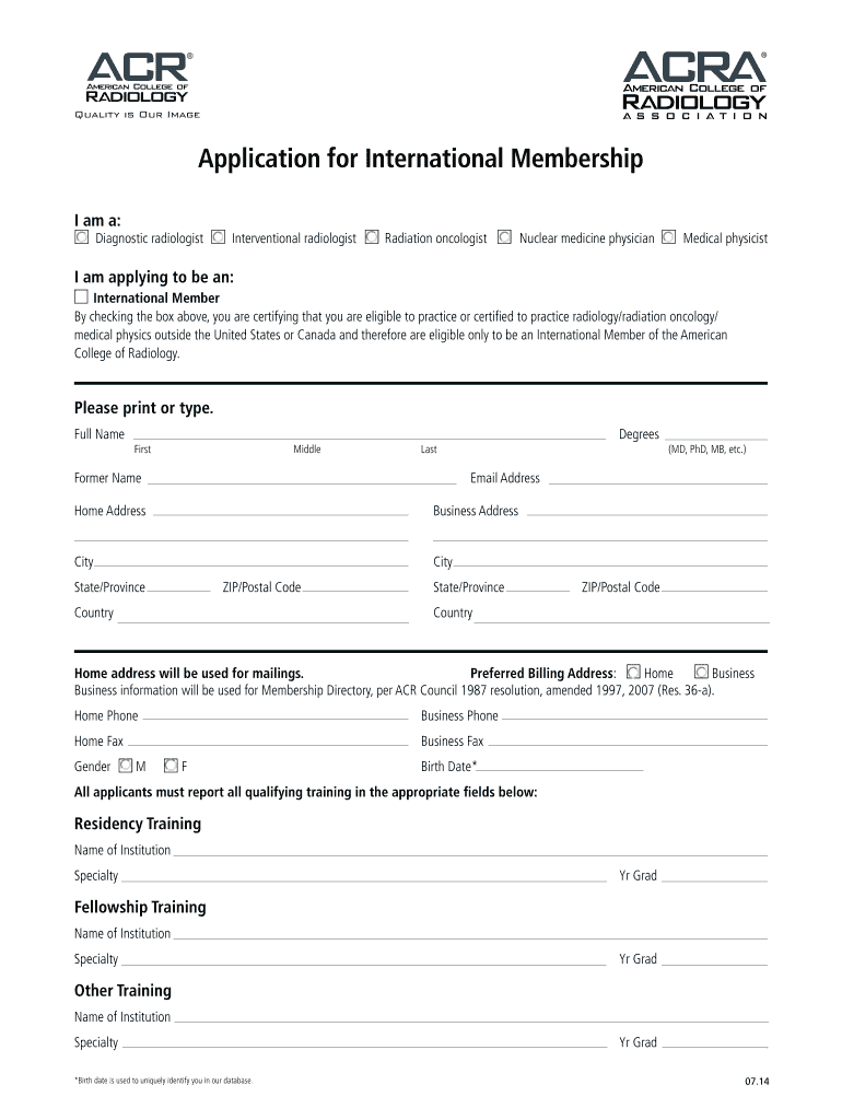 Fillable Online acr Application for International Membership - acr Fax ...