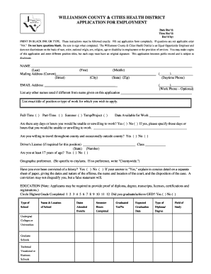 Fillable Online Williamson County & Cities Health District Employment ...