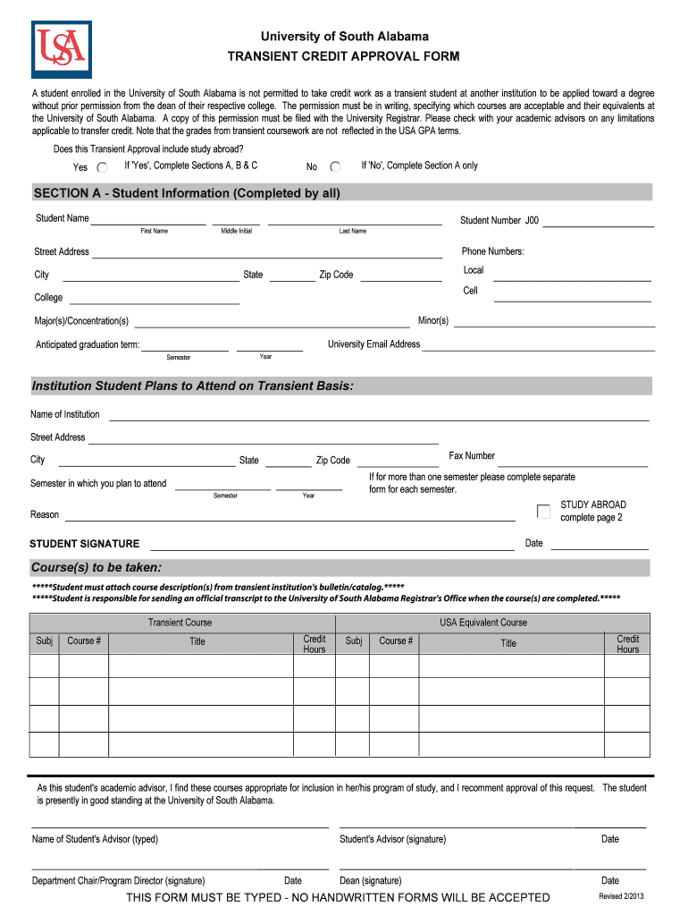 Fillable Online southalabama south alabama transient student form Fax Email Print - pdfFiller