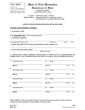 Fillable Online Trade Name Registration Application - New Hampshire Fax ...