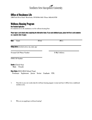 Fillable Online snhu Wellness Housing Application - Southern New ...